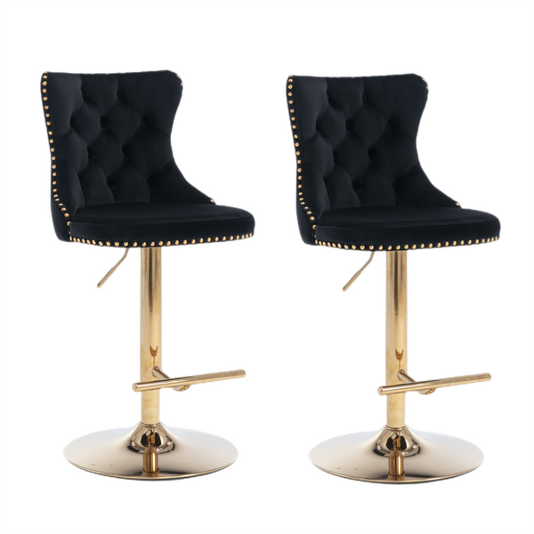2x Height Adjustable Swivel Bar Stool Velvet Studs Barstool with Footr